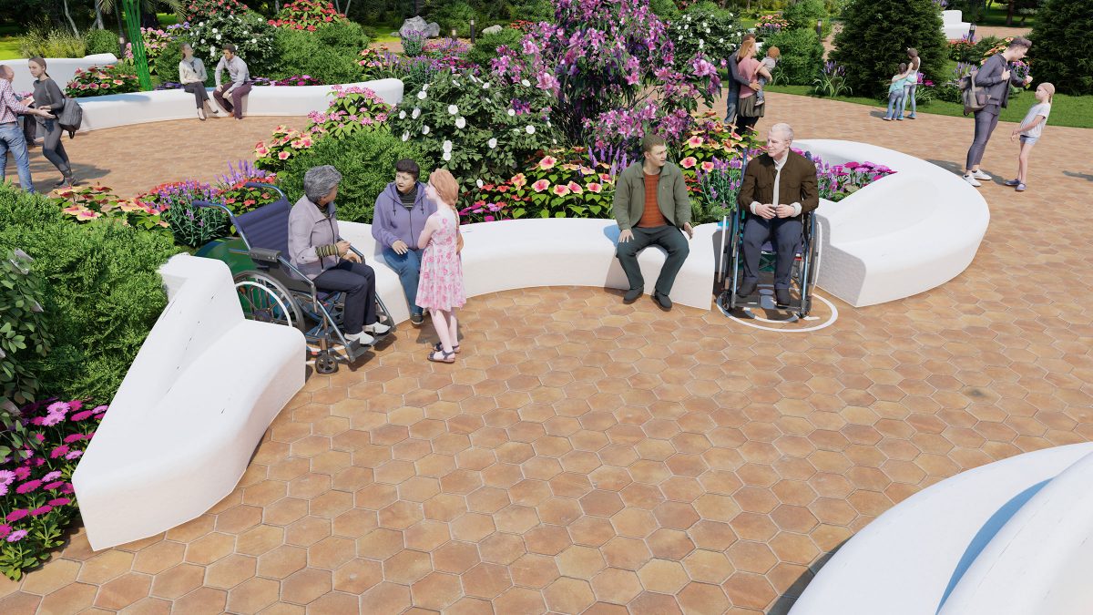 Inclusive bench design with planter – Amusement Logic