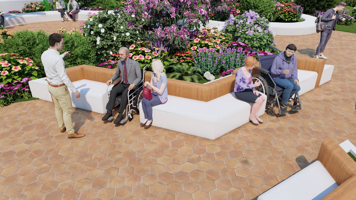 Inclusive bench design with planter – Amusement Logic