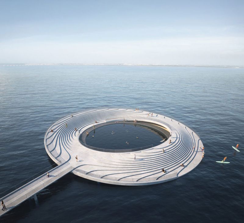 Circular urban swimming pool on the Tagus river estuary, Lisbon ...