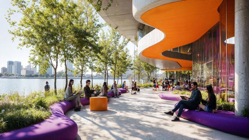 Modular street furniture in shades of purple and orange