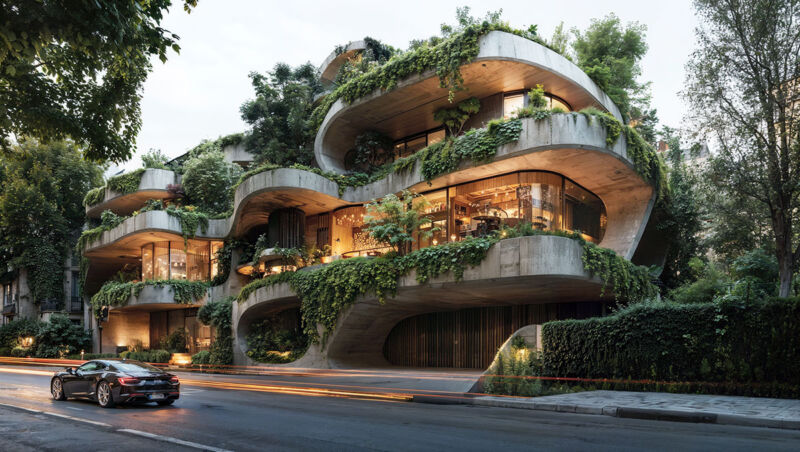 Brutalist architecture connected to nature